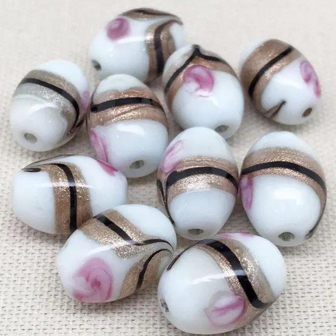 10 Vintage White Oval Glass Beads - Hand Painted Floral Design
